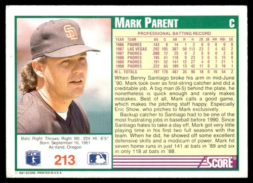 1991 Score Mark Parent San Diego Padres #213 | eBay