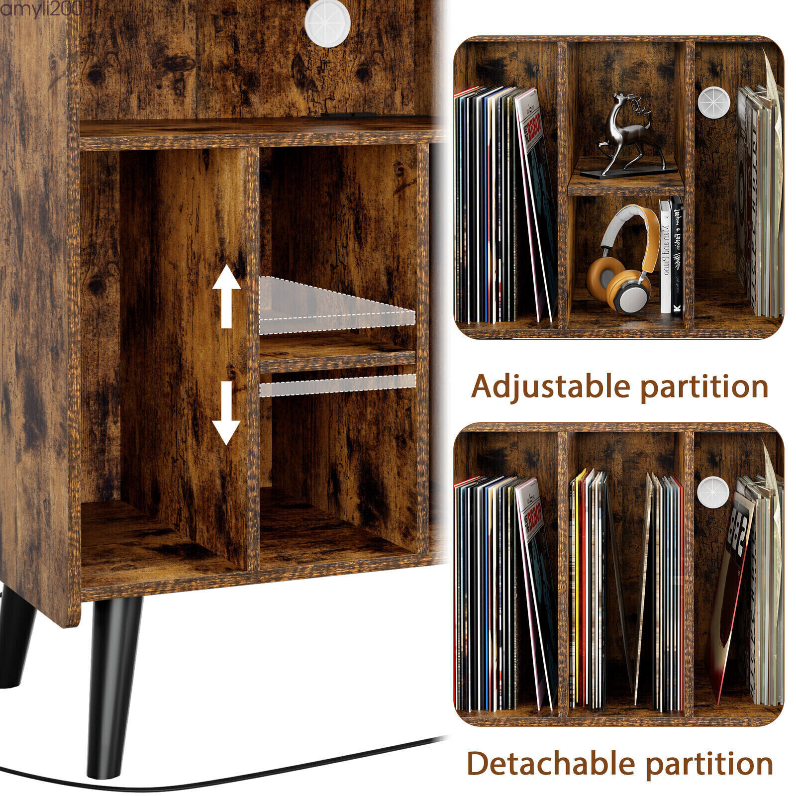 CD Record Player Stand Album Storage Cabinet Turntable Table with Power ...