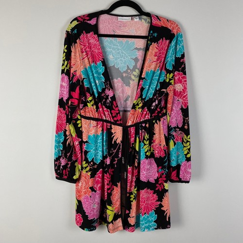 Susan Graver Black Floral Petite Medium Printed Liquid Knit Tie-Front ...