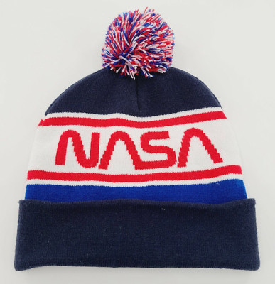 NASA Space Beanie Winter Ski Hat Rolled Cuff Knit Cap Pom Pom Multi ...