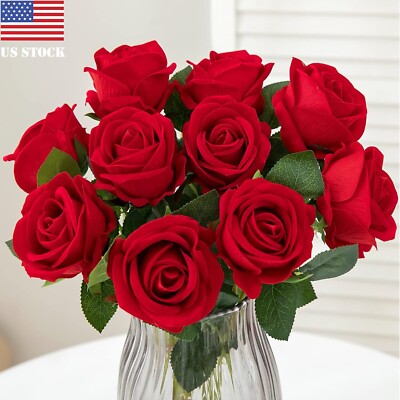 20Pcs Red Silk Roses Artificial Flowers Realistic Bouquet Home Decor ...