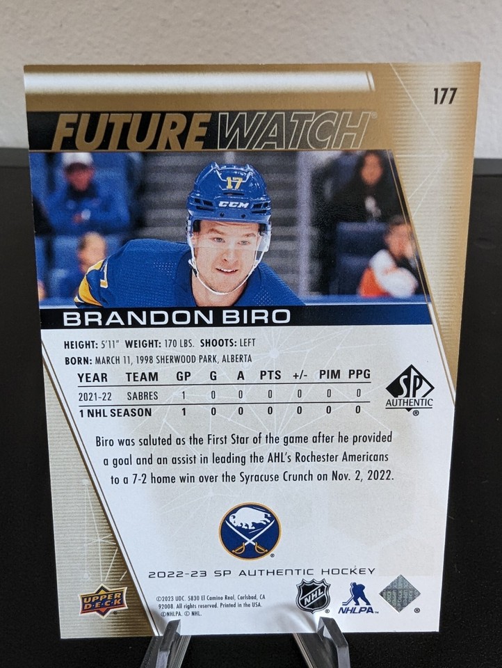 2022-23 Upper Deck SP Authentic BRANDON BIRO RC Future Watch GOLD Rookie 01/99! | eBay