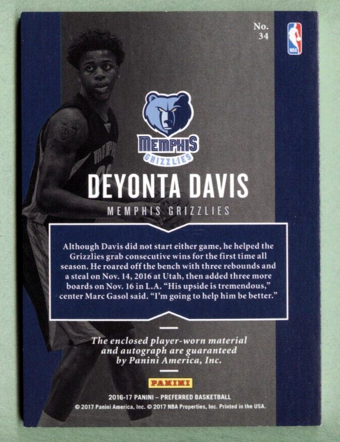 2016-17 PREFERRED DEYONTA DAVIS SILHOUETTES ROOKIE PATCH AUTO #23/25 ...