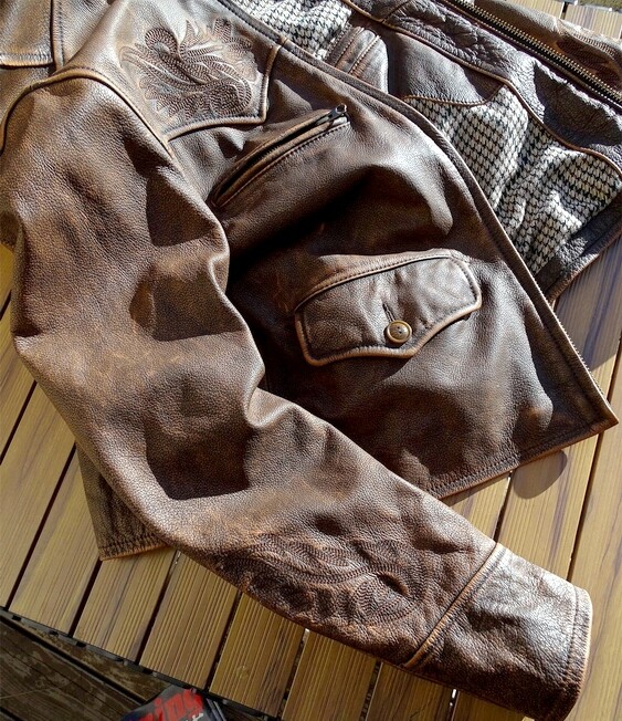 Mens Vintage Style Tea-core Cowhide Leather Jacket Embroidery Washed ...