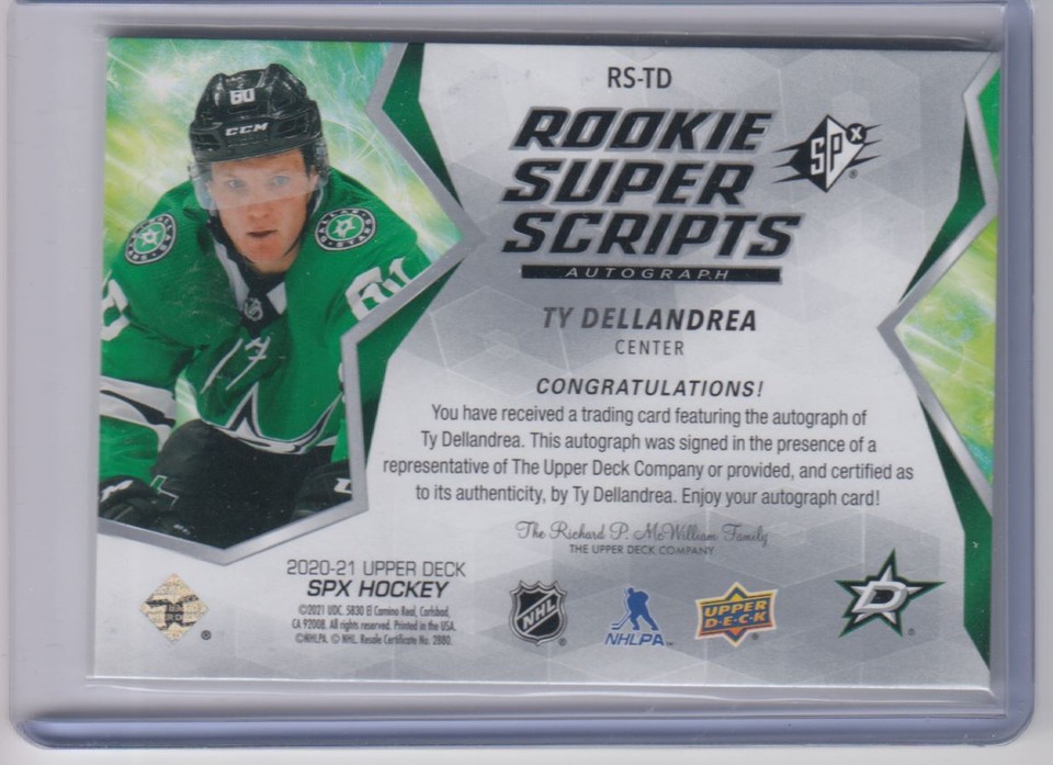 2020-21 SPx Rookie Superscript Ty Dellandrea RC Auto Dallas Stars #RS ...