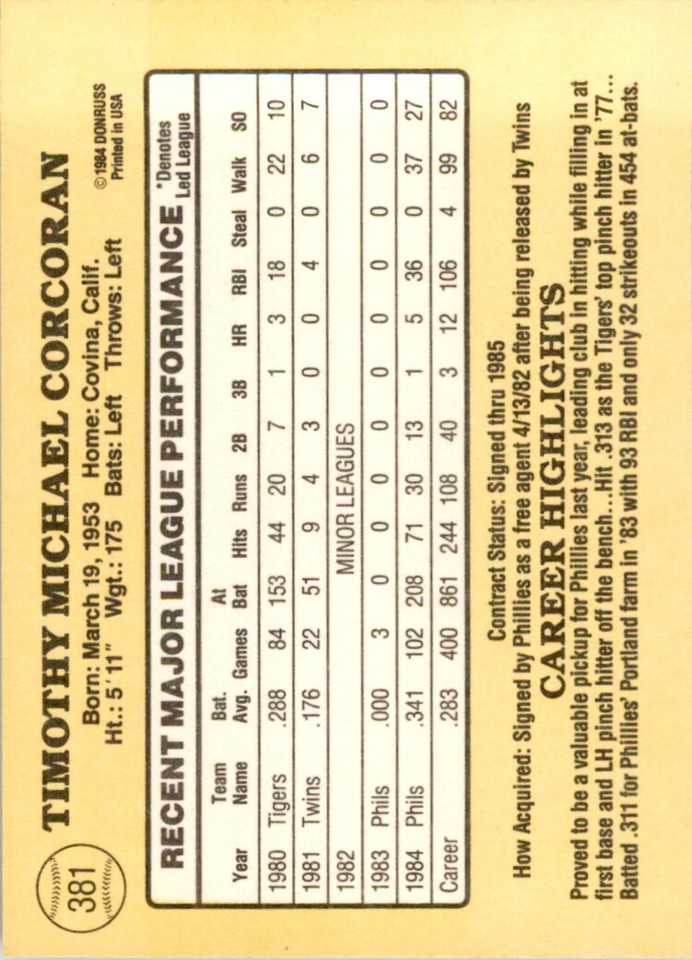 1985 Donruss Baseball Tim Corcoran . Philadelphia Phillies #381. | eBay