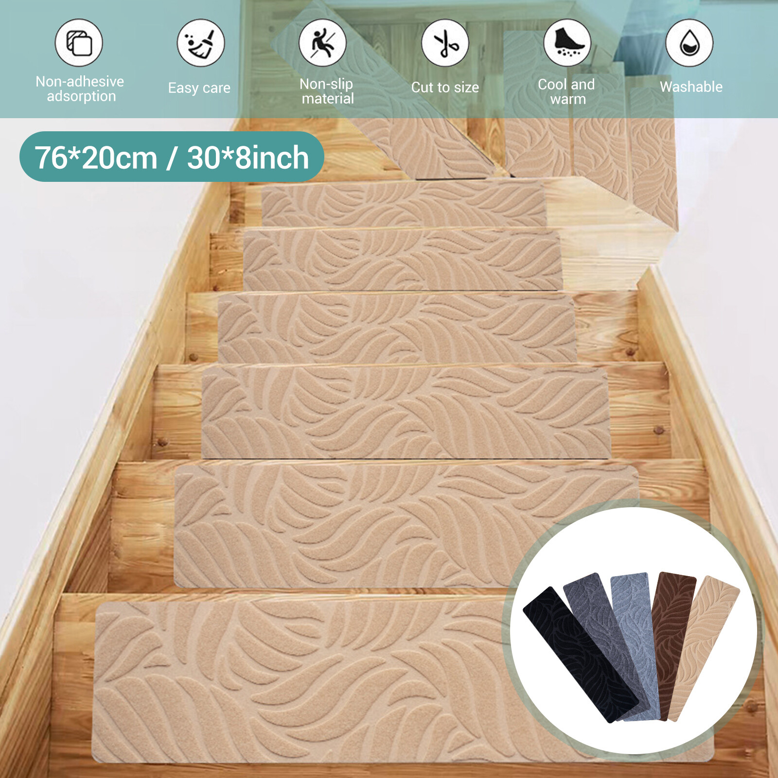 1-15Pcs Stair Pads Set Carpet Stair Treads 76x20cm Non Slip Adhesive ...
