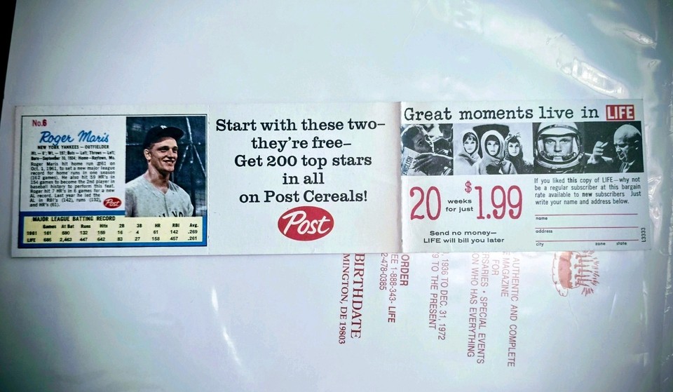 Rare 1962 Mickey Mantle Post Life Mag Panel! Plus Roger Maris Post Life ...