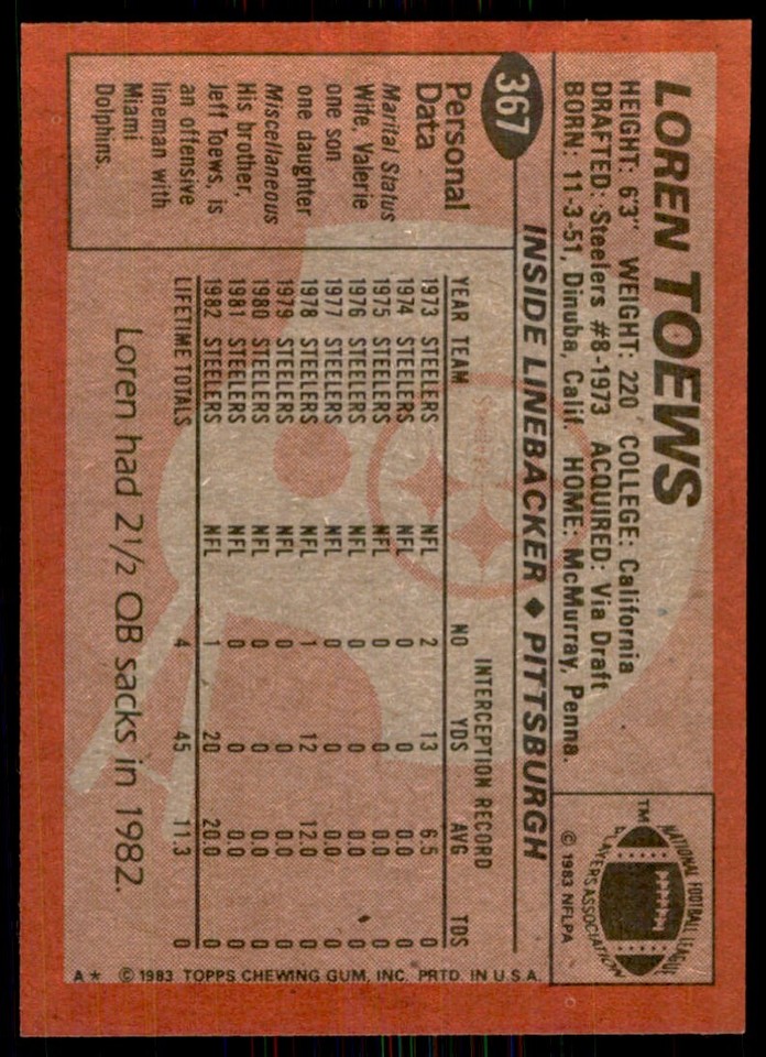 1983 TOPPS` LOREN TOEWS PITTSBURGH STEELERS #367 | eBay