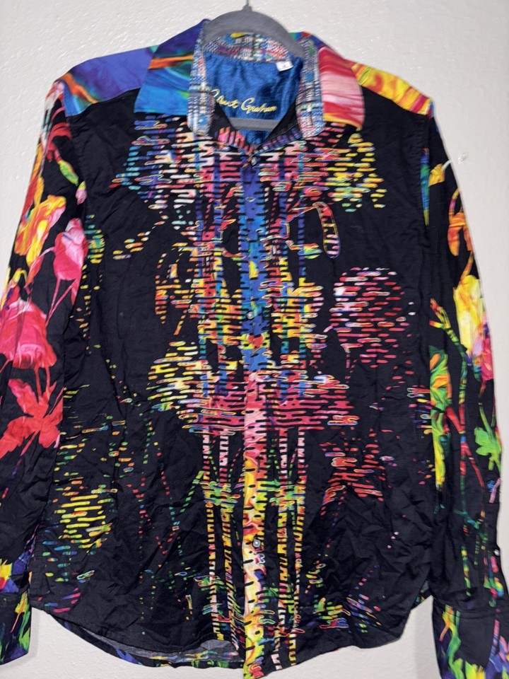 Robert Graham Shirt Mens Black Multicolor Abstract Floral Button Up Art ...