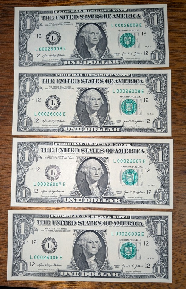 Lot of 4, Unc. Seq. Five Of A Kind $1 One Dollar Bills. Fancy Serial ...