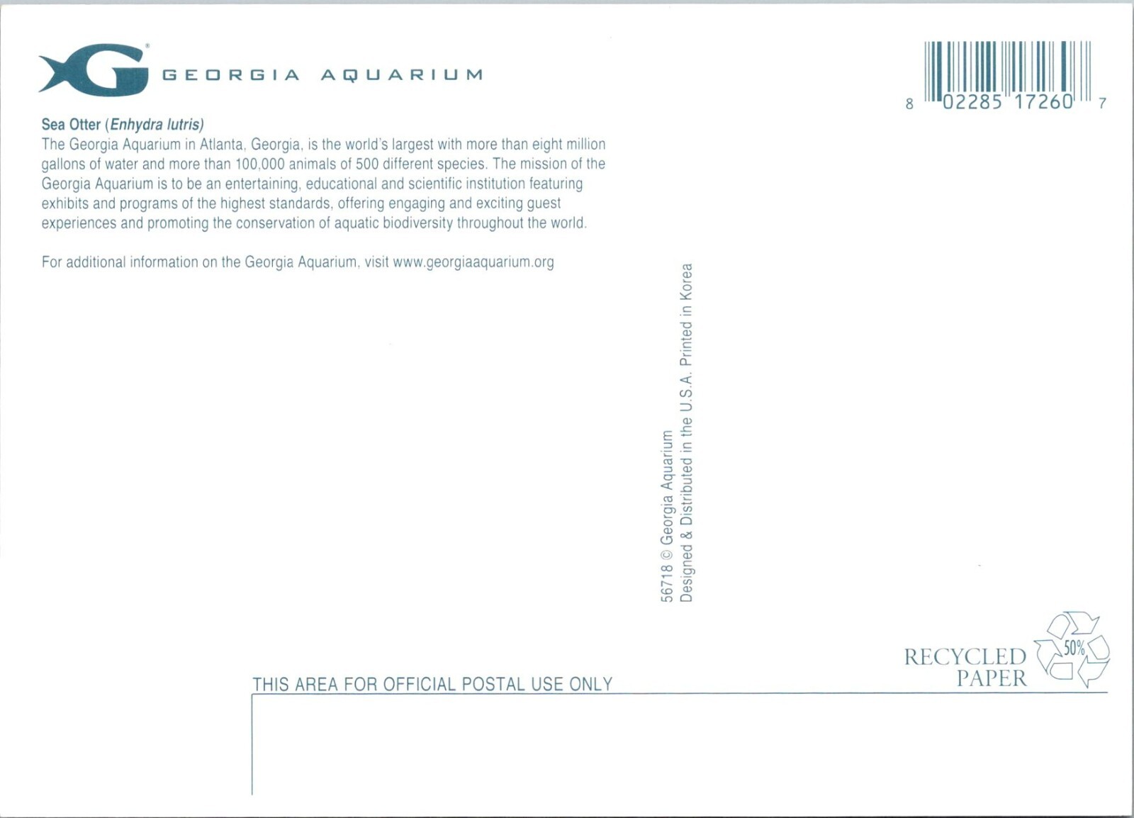 Georgia Aquarium Atlanta Sea Otter photo postcard | eBay Australia