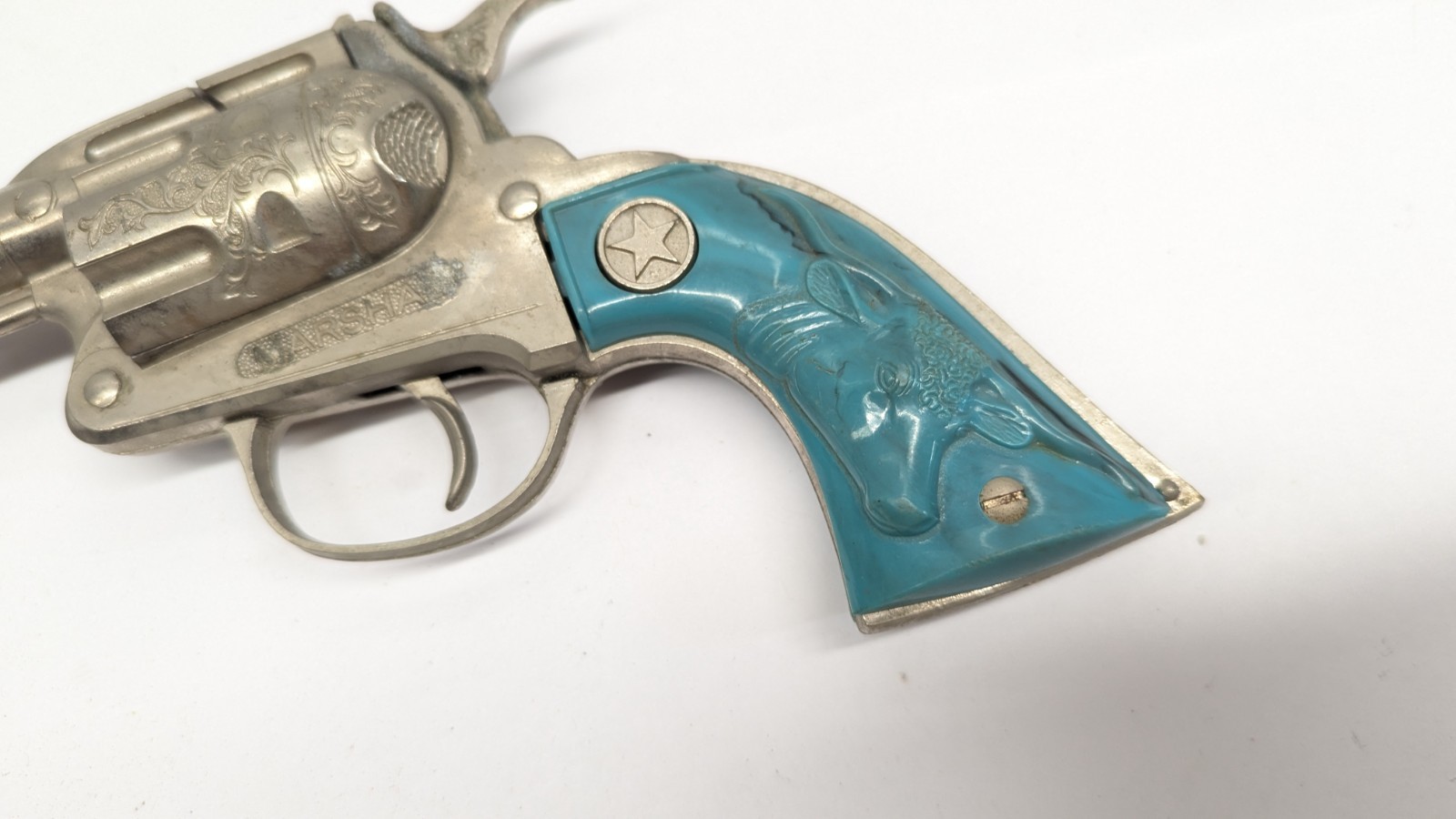 Vintage Marshall Toy Cap Gun Revolver Pistol Blue Turquoise Steer Grip ...