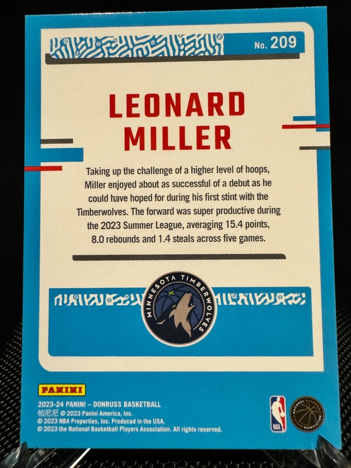 Leonard Miller RC 2023-24 Donruss #209 Minnesota Timberwolves Rated ...