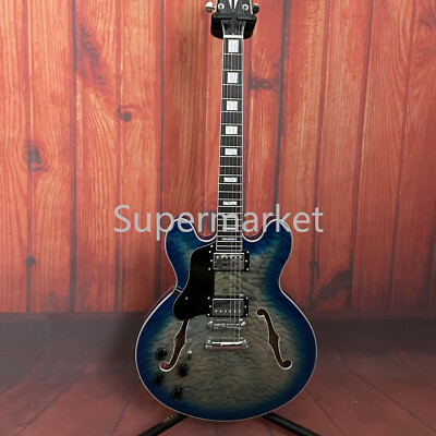 Left Hand Blue Electric Guitar Quilted Maple Top Mahogany Body Semi ...