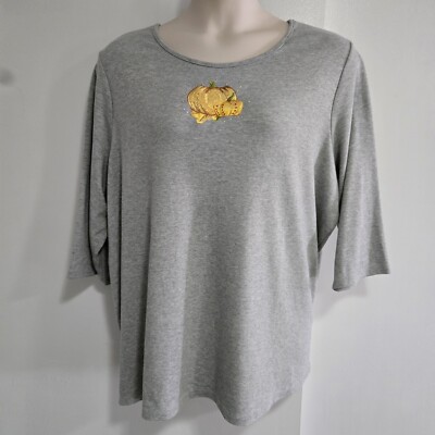 QUACKER FACTORY 3/4 SLEEVE KNIT TOP GRAY HALLOWEEN PUMPKIN 3X A281805 ...