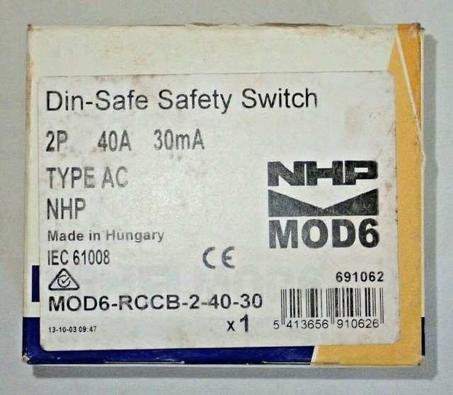 NHP MOD6-RCCB-2-40-30 691062 DIN-SAFE SAFETY SWITCH 2P 40A 30mA TYPE AC ...