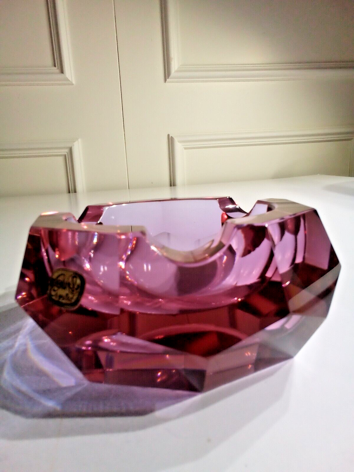 Vintage Moser Alexandrite Glass Ashtray Pink & Purple Diamond Octagon ...