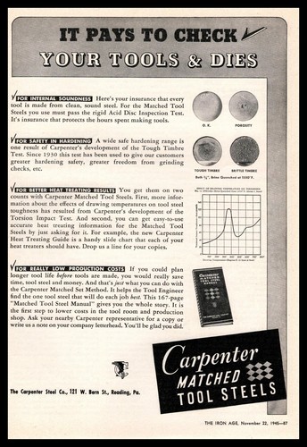 1945 The Carpenter Steel Co. Reading Pennsylvania Matched Tool Steels ...