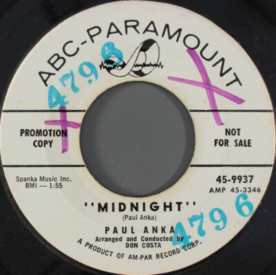 Paul Anka - Midnight 1958 7", Promo ABC-Paramount 45-9937 Very Good ...