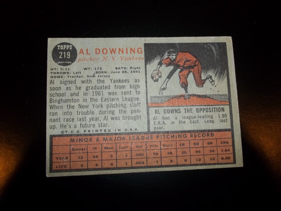 Al Downing Rookie Topps Card Put Out In 1962 Topps #219 VGUC Rare | eBay