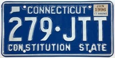 Vintage Connecticut 1996 Blue License Plate 279 JTT in Very Good ...