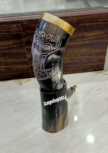 Viking Drinking Horn With Stand Real Ox Horn Brass Trim Black Finish ...