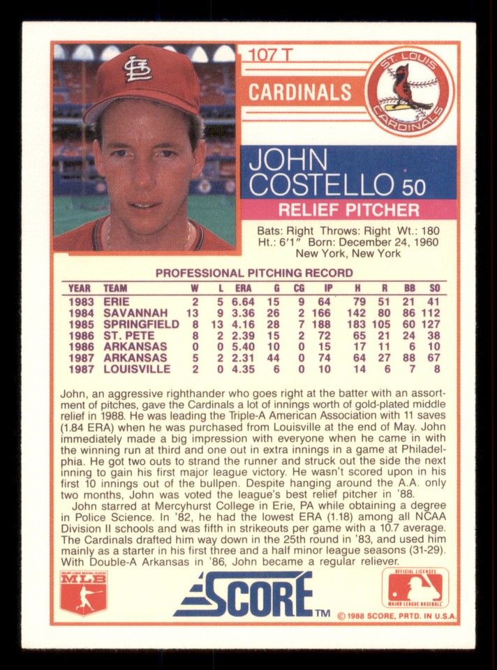 John Costello - 1988 Score Rookie & Traded #107T - St. Louis Cardinals ...