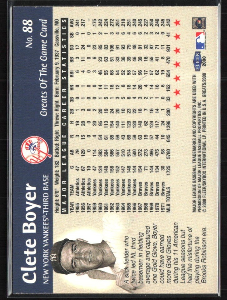 2000 Fleer Greats of the Game #88 Clete Boyer | eBay