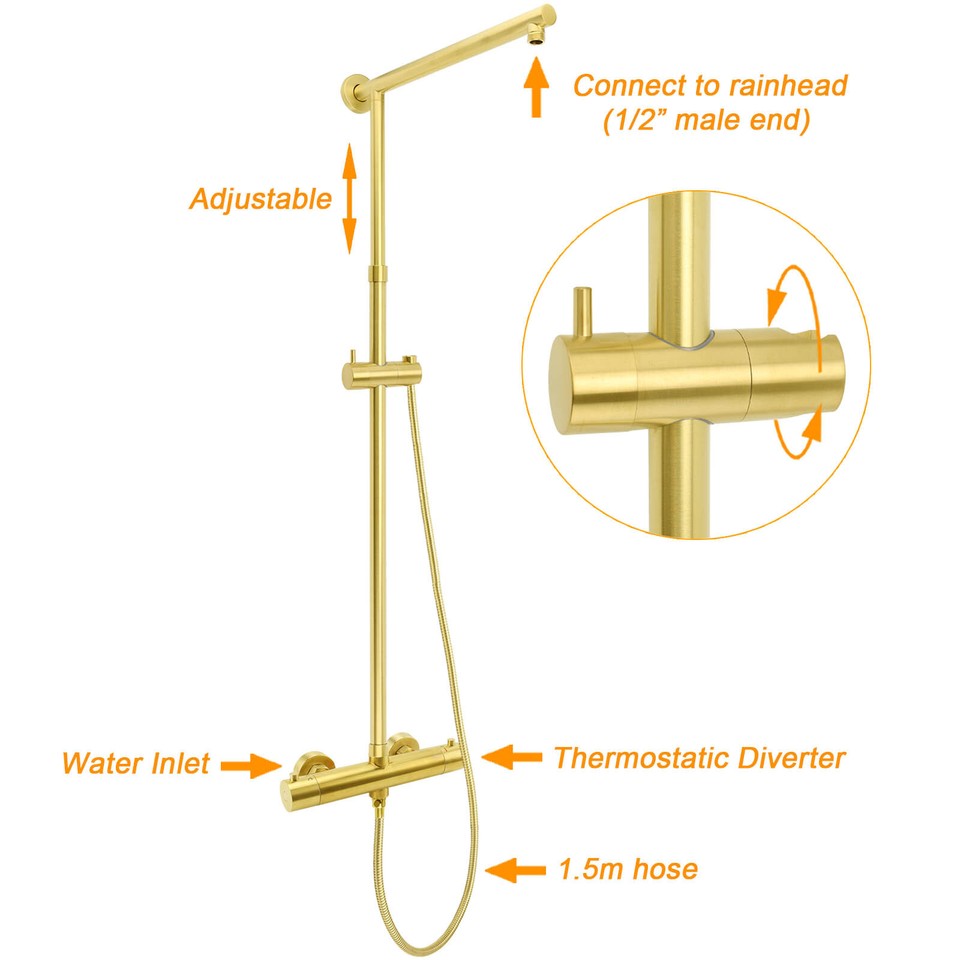 Brushed Gold Exposed Twin Shower Set Thermostatic Mixer Valve 8-12 ...