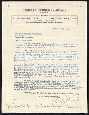 Puritan Rubber Co. Pathfinder Cord Tires Seattle, WA 1919 Letterhead ...