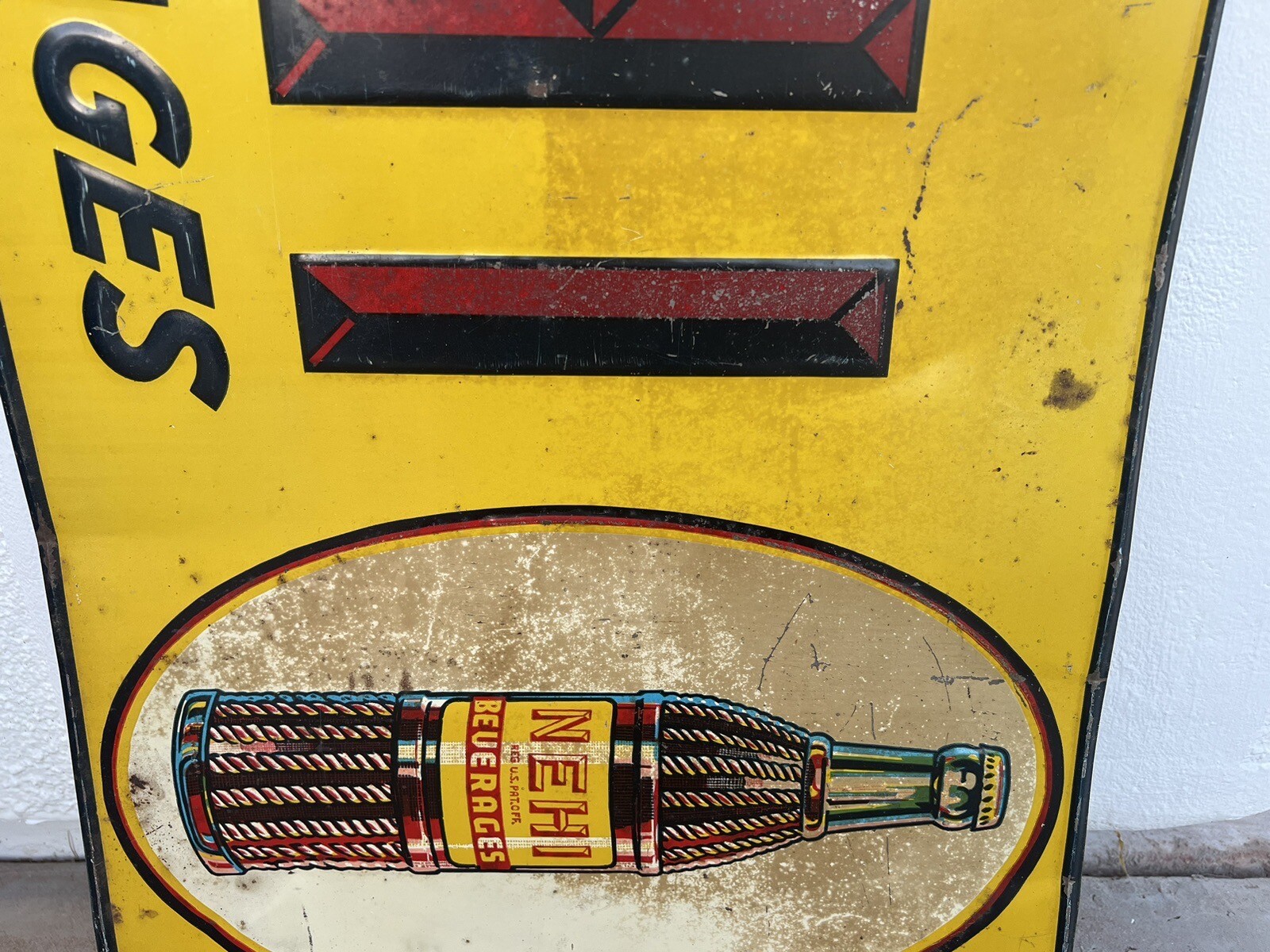 VTG Drink NEHI Bev Soda TinMetal Embossed Ad Sign 43”x 17”Donaldson Art ...