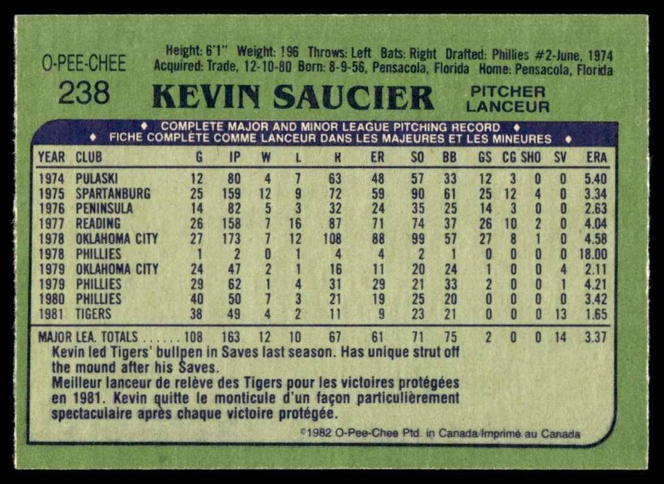 1982 O-Pee-Chee Kevin Saucier Detroit Tigers #238 | eBay