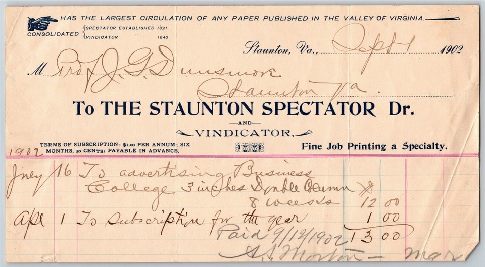 1902 Scarce Staunton Spectator and Vindicator Newspaper Billhead ...
