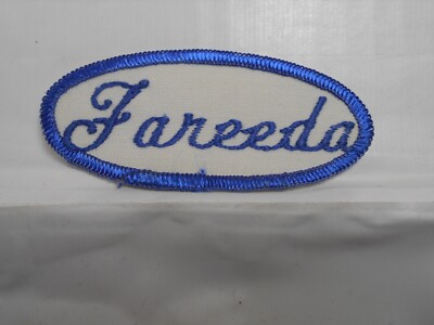 FAREEDA USED EMBROIDERED SEW ON NAME PATCH TAGS OVAL BLUE ON WHITE | eBay