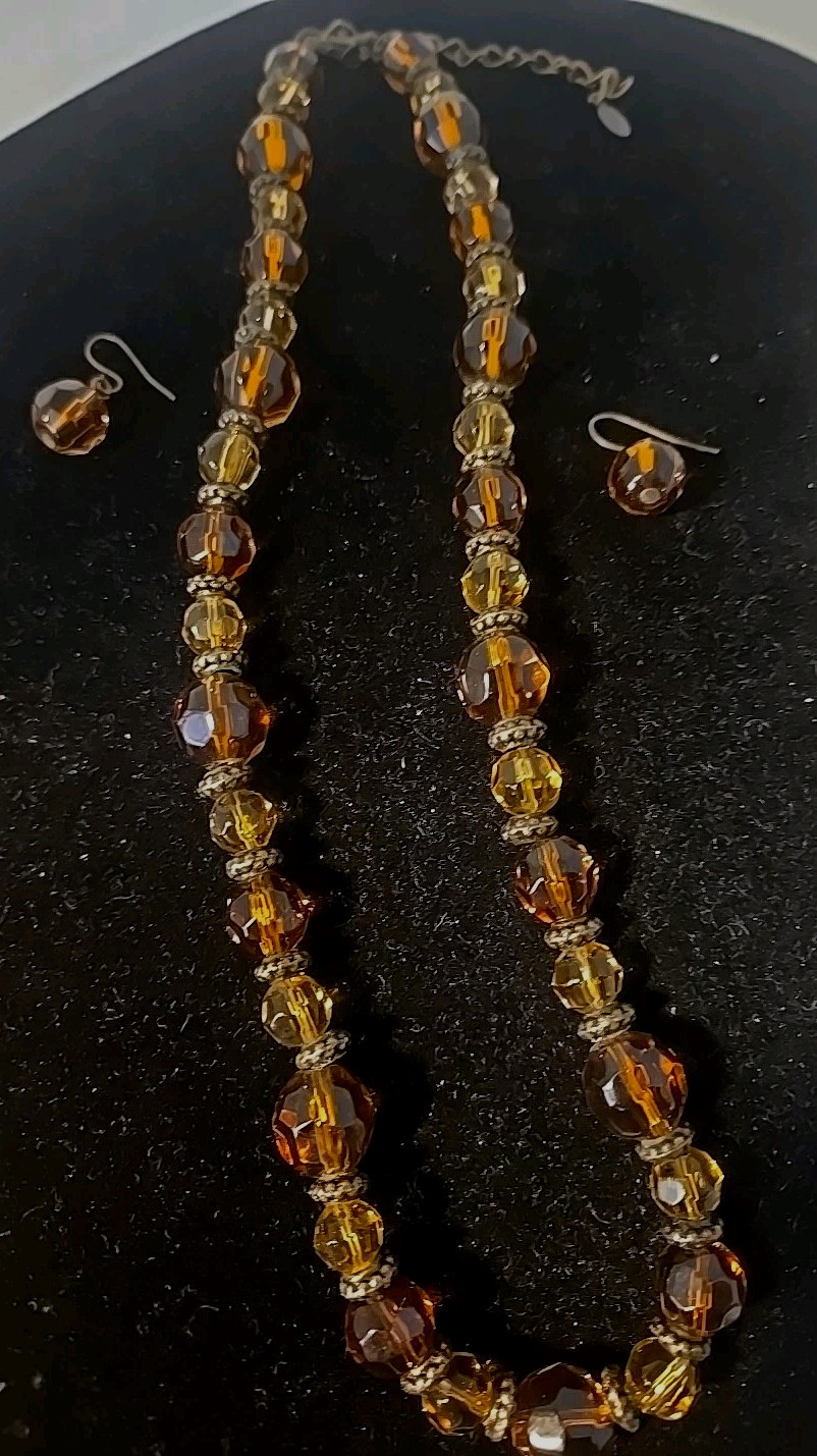 EsMor Necklace And Earrings Set Amber Brown Yellow Gl… - Gem
