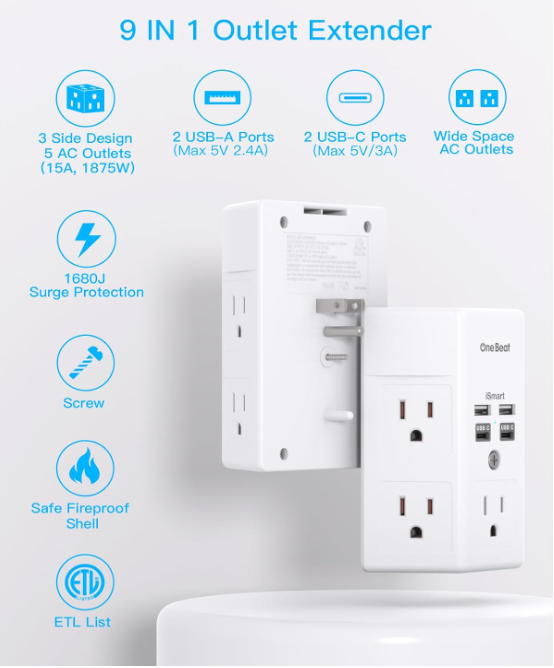 Outlet Extender with USB – 5 AC Plug, 4 USB Ports, 3-Side Wall Adapter ...