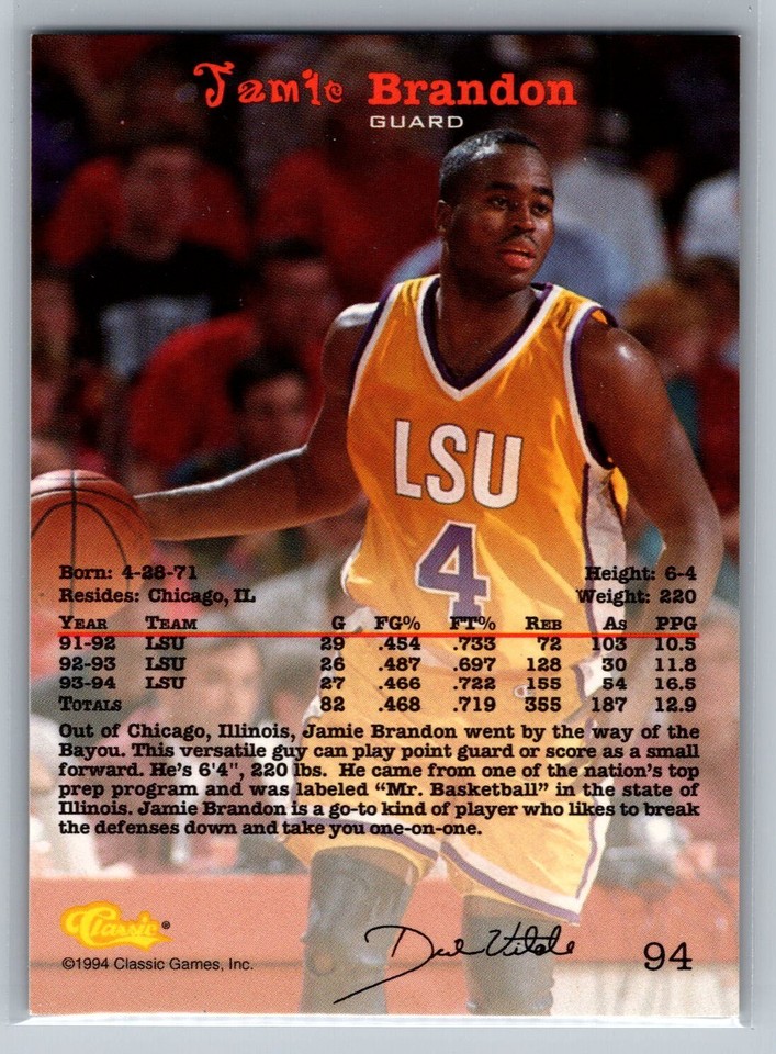 Jamie Brandon 1994 Classic Draft Set Break BASKETBALL #94 LSU Tigers | eBay