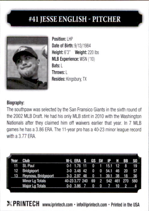 2014 Bridgeport Bluefish Team Issue #9 Jesse English Kingsbury Texas TX ...