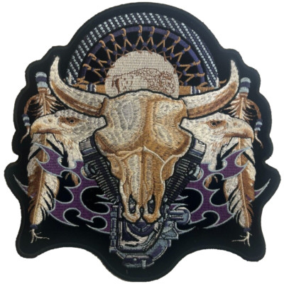 BULL WITH 2 EAGLES AND FEATHERS V-TWIN IRON ON BIKER PATCH 10 INCH ...