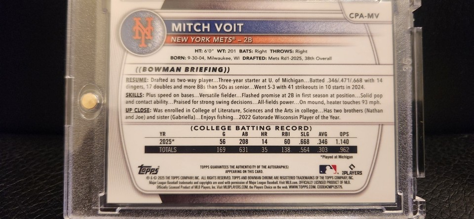 Mitch Voit 2025 Bowman Draft 1st True Purple AUTO /250 - Mets 2025 #1 ...
