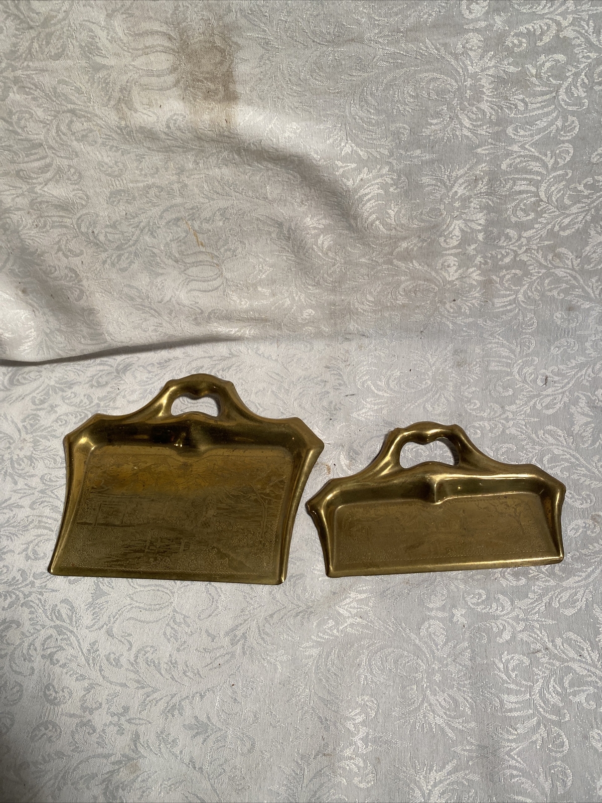 2 Vintage Brass Silent Butler Crumb Catcher Dust Pan Set Asian Scenery ...