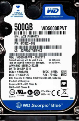 WD5000BPVT-60HXZT3, HBOT2AN, WESTERN DIGITAL SATA 500GB WXE1 SEP 2011 ...