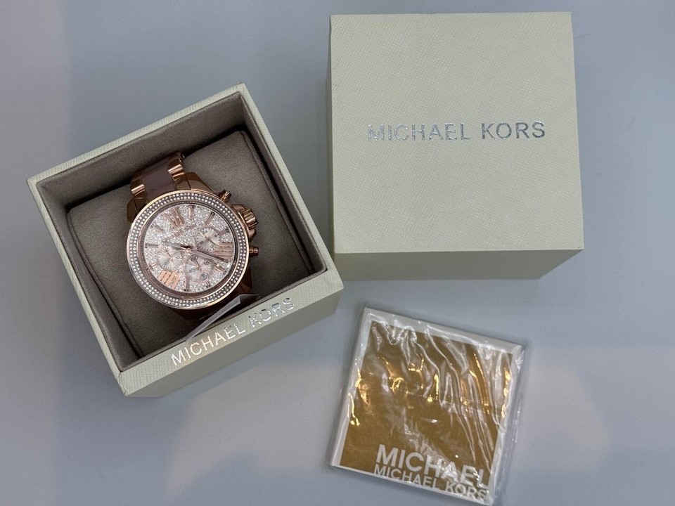 MICHAEL KORS MK6096 Wren Rose Gold Crystal Pave Dial Chronograph Women ...