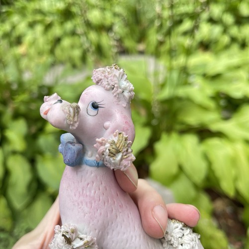 Vintage Spaghetti Trim Long Neck Pink Poodle Dog Blue Bow MCM Gold ...