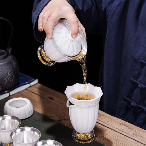 boutique tea set pure silver fat mutton jade porcelain gaiwan tea cup ...