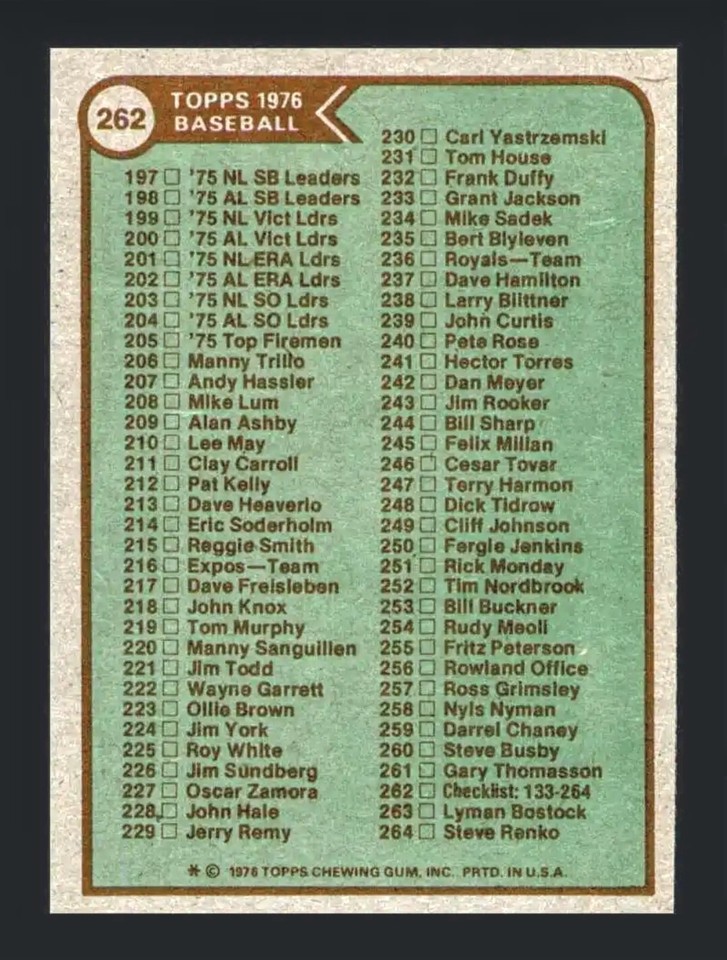 1976 Topps Baseball Checklist #262 Cards 133-264 Unmarked EX-MT | eBay