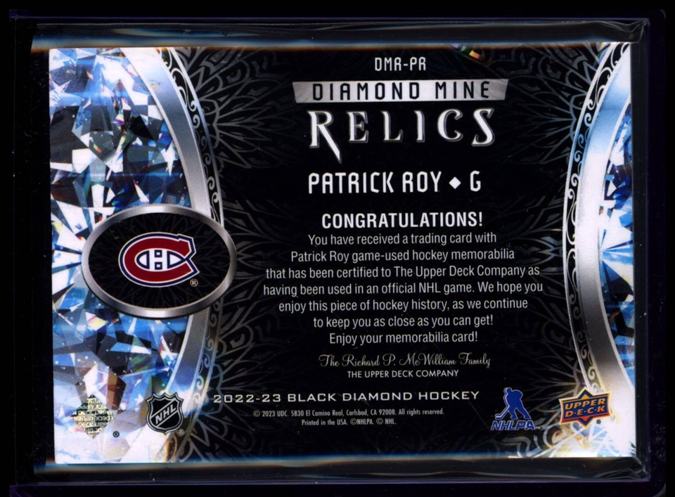 2022 UPPER DECK BLACK DIAMOND #DMR-PR PATRICK ROY MINE RELICS JERSEY | eBay