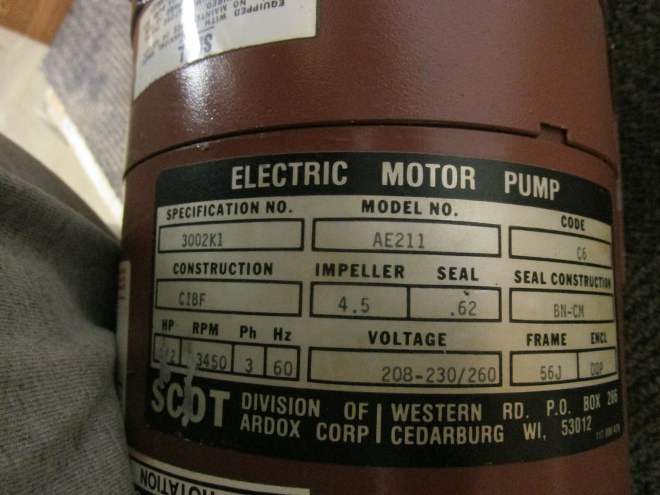 SCOT AE211 3002K1 1-1/4"X1" CENTRIFUGAL PUMP 1/2HP 208-230/260V 3PH ...