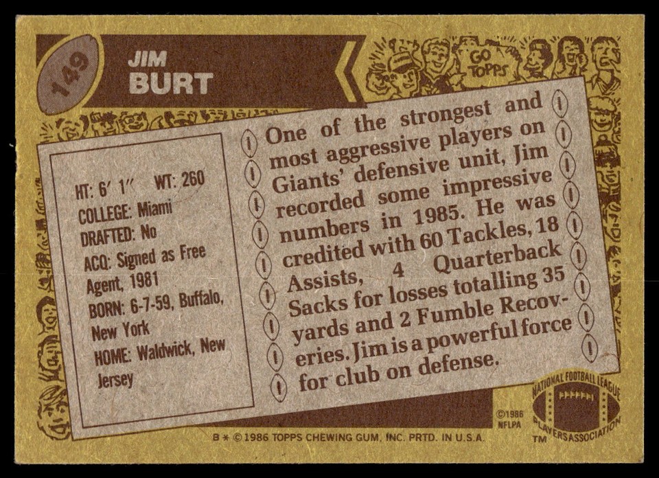 1986 Topps #149 Jim Burt See Scan | eBay